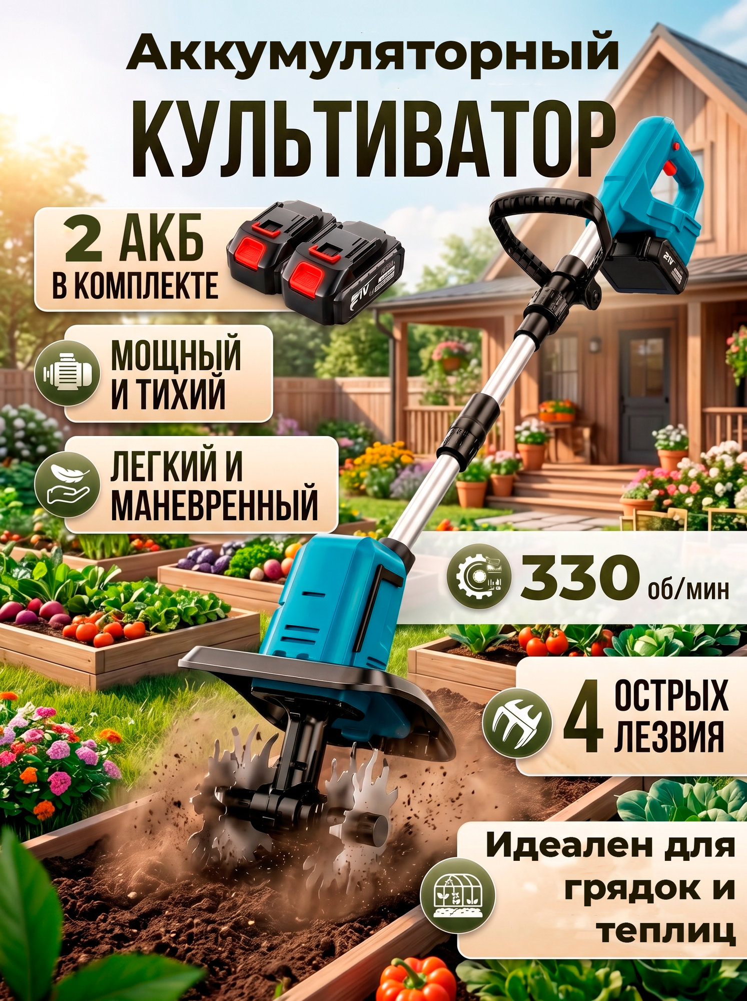 Культиватор аккумуляторный садовый бесщеточный для дачи грядок и теплиц 2 АКБ