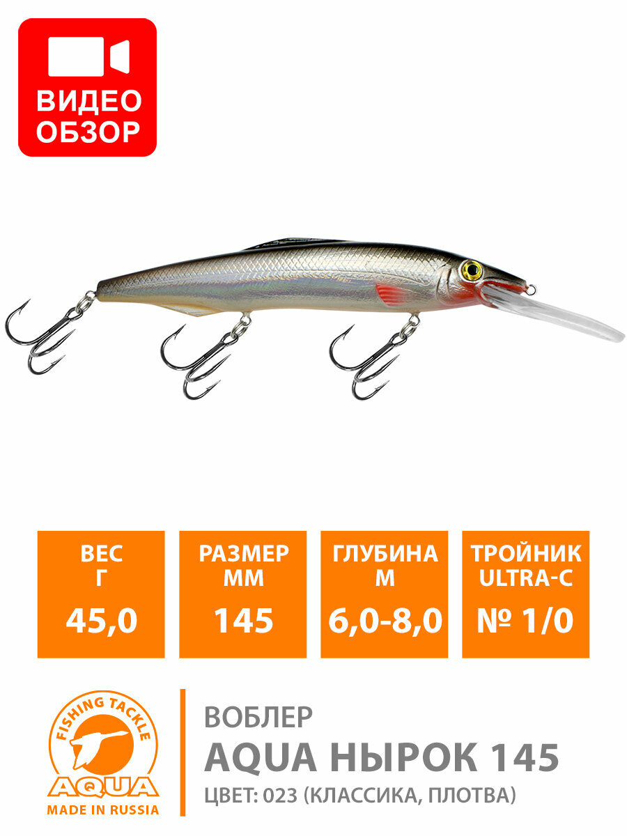 Воблер для рыбалки плавающий AQUA Нырок 145mm 45g заглубление от 6 до 8m цвет 023