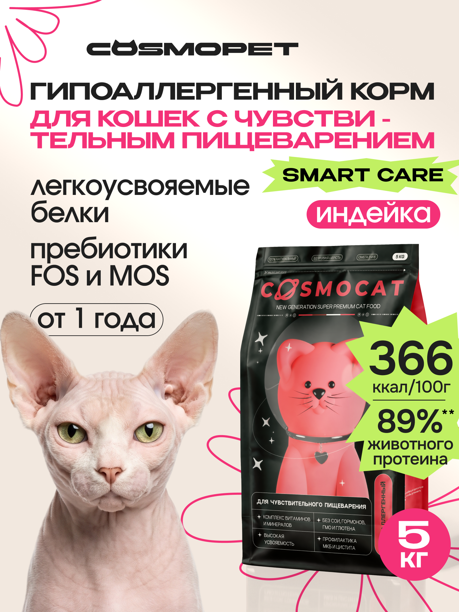 Корм для кошек с чувствительным пищеварением сухой Cosmocat от Cosmopet гипоаллергенный с индейкой 5 кг премиум класса