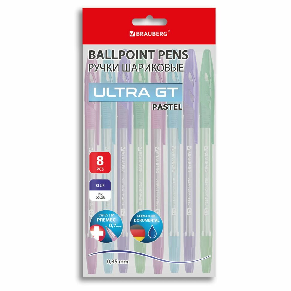 Ручки шариковые с грипом BRAUBERG "ULTRA GT PASTEL", набор 8 штук, синие, узел 0,7 мм, линия 0,35 мм, 144532, 144532