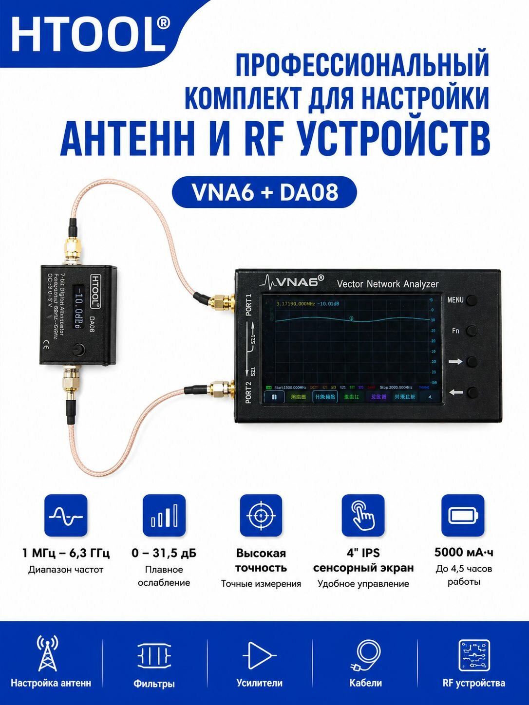 Векторный анализатор сети VNA6 + цифровой аттенюатор DA08 портативный набор для измерения антенн, кабелей, фильтров RF, тестирование всвх импеданса портативный измеритель радиочастот