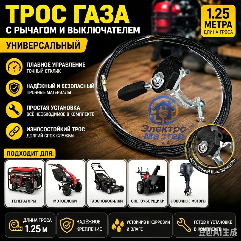Трос газа универсальный 1100-1250 мм для мотоблока, культиватора, виброплиты: в сборе с ручкой управления, готов к установке