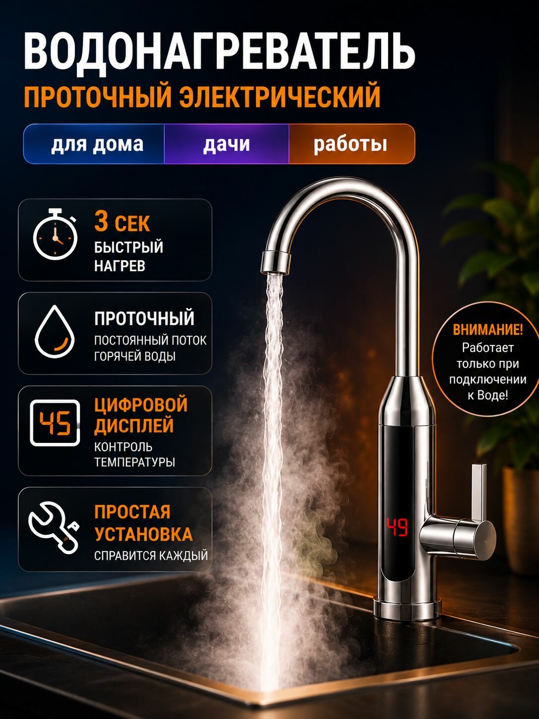 Проточный водонагреватель 3000 ВТ, из нержавеющей стали, с LED дисплеем, смеситель с водонагревателем для дачи и кухни
