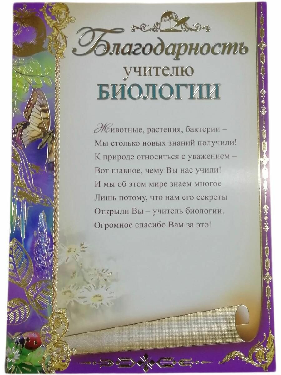 Благодарность учителю биологии А4 10 штук (золото)