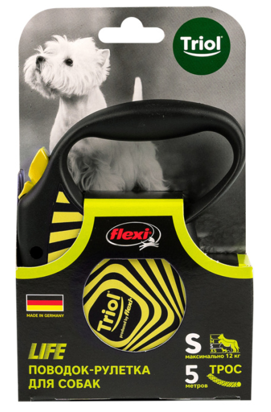 Поводок рулетка для собак Triol / Триол Flexi Life Geometry Yellow S трос длиной 5м, нагрузка до 12кг / товары для животных
