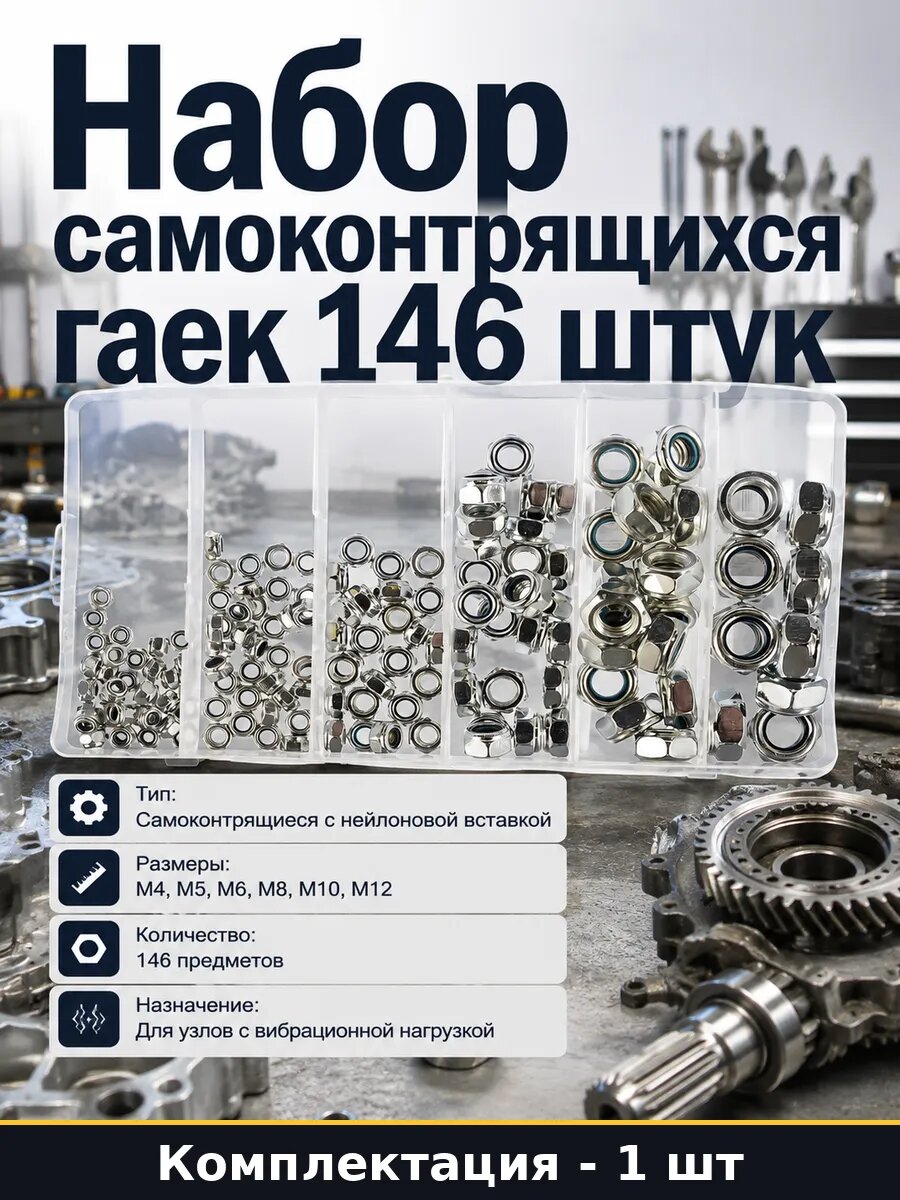Комплект гаек самоконтрящихся 6 размеров нейлоновый стопор