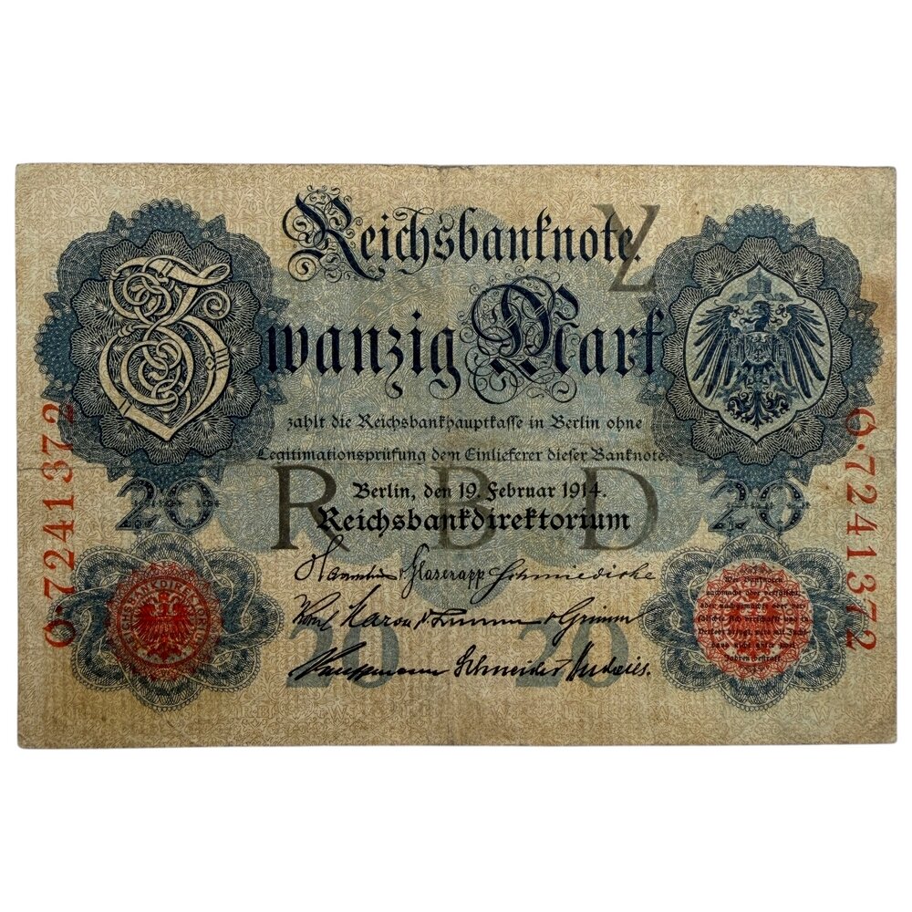 Германская империя (Германия) 20 марок 1914 г. (Reichsbanknote) (Литера Y)(Серия O)(7-значный номер)