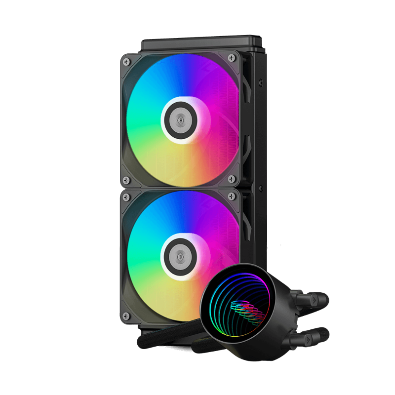 Система охлаждения/ Water Cooling System PCCooler DA240 V2 ARGB BK (270W, 240mm, LED, Black, ARGB/ Fans: 2x120mm, 80.74CFM, 36.5dBA, 2000RPM/ Pump height 54.3mm, 15dBA, 2600RPM, Rad thickness 27mm/ S: 1851, 1700, 1200, 115X, AM5, AM4) DA240V2ARGBBK
