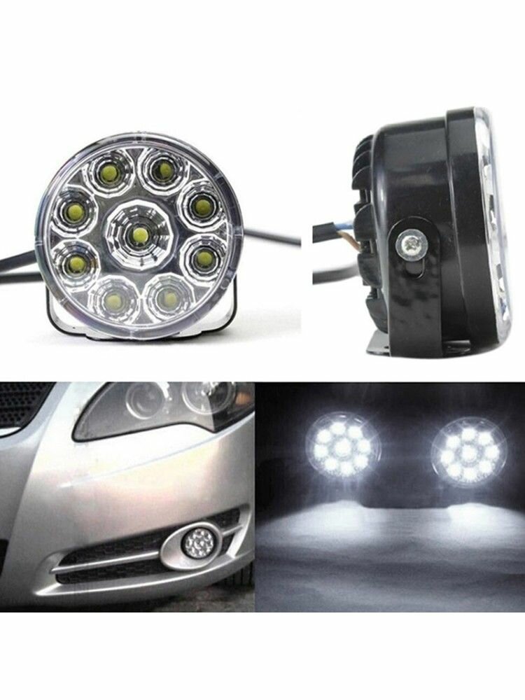 Дневные ходовые огни 12V, 9 LED (белый 6000K), Ø≈70 мм, комплект 2 шт, для передней и задней части, водонепроницаемые, защита от перегрева