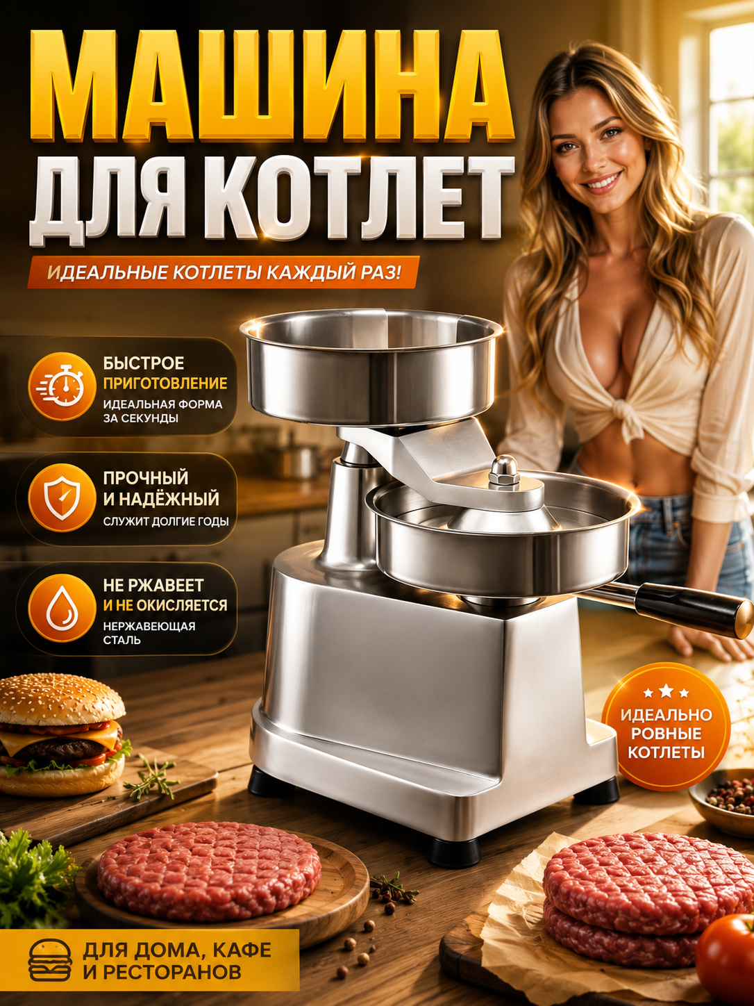 Машина для котлет универсальная для любого мясного фарша, создаёт одинаковые по размеру котлеты, простая очистка после использования на кухне дома и заведения
