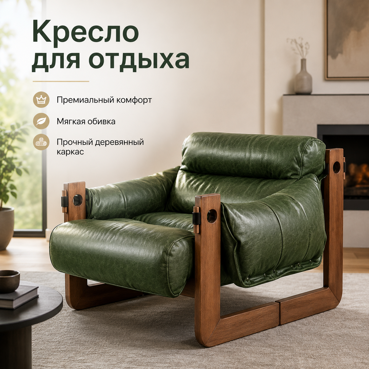 Мягкое кресло из натуральной кожи с прочной деревянной основой