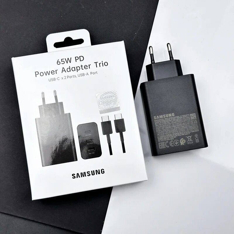 Зарядное устройство Samsung 65W, 25W, 15W, супербыстрая зарядка, сертифицированный EU адаптер, совместим с Galaxy Z Fold 5, 4, 3, Flip 5, 4, 3, S23