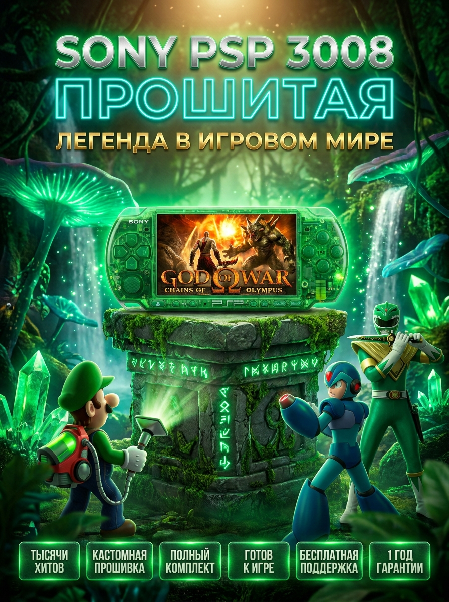 Новая игровая консоль Sony PSP 3008 Slim Прозрачно-зеленый 64Gb 3020 ИГР