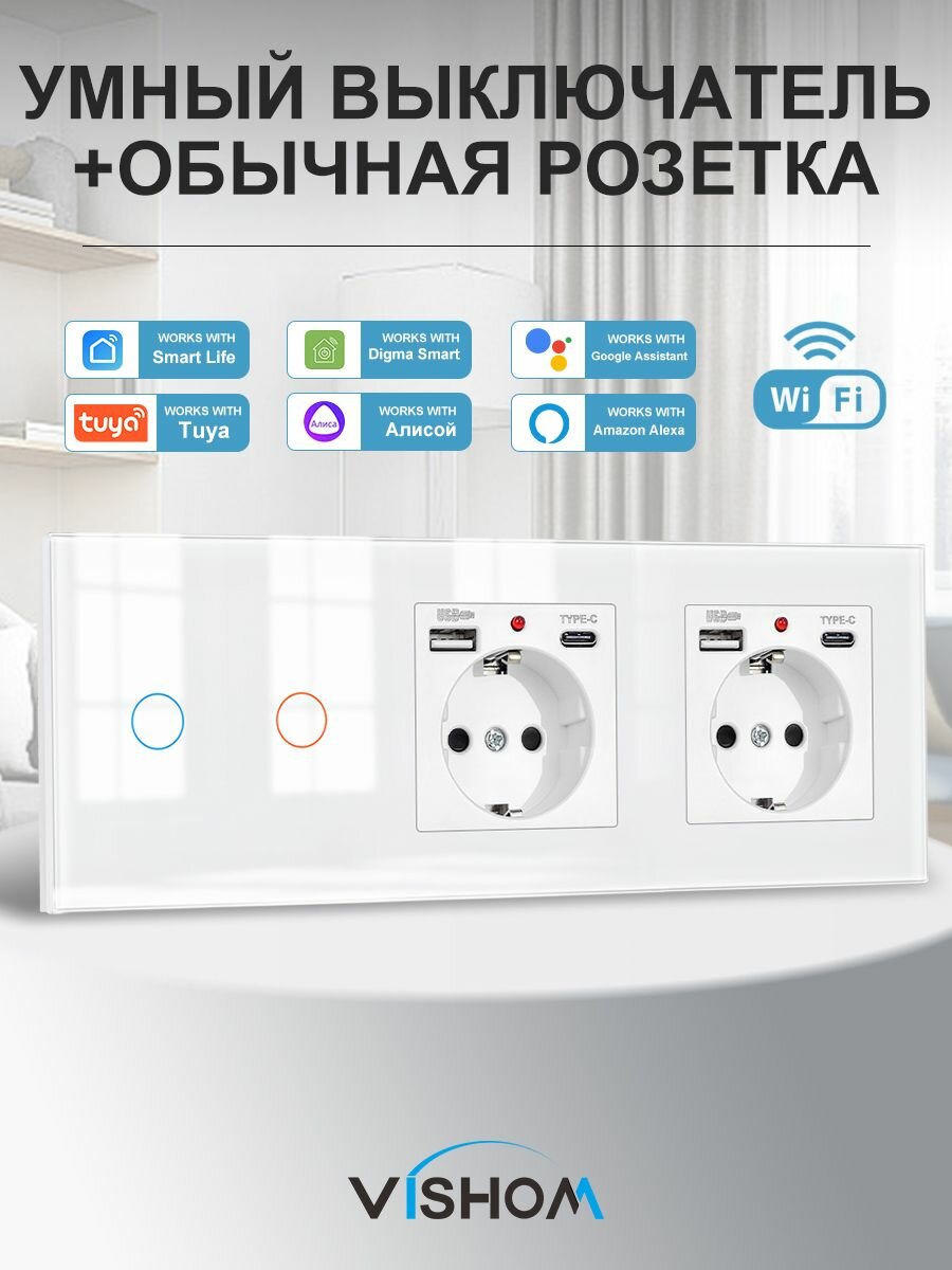 Умный сенсорный WIFI выключатель с розеткой USB и Type C портами в одной стеклянной белой рамке, двухклавишный + 2 обычные розетка с usb