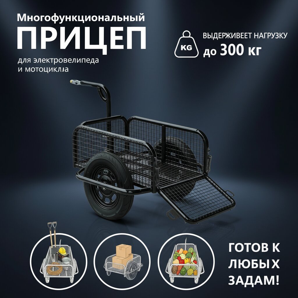 Прицеп на электровелосипеда, черный велокорзина, рассчитан до 300 кг, открывающаяся задняя дверца