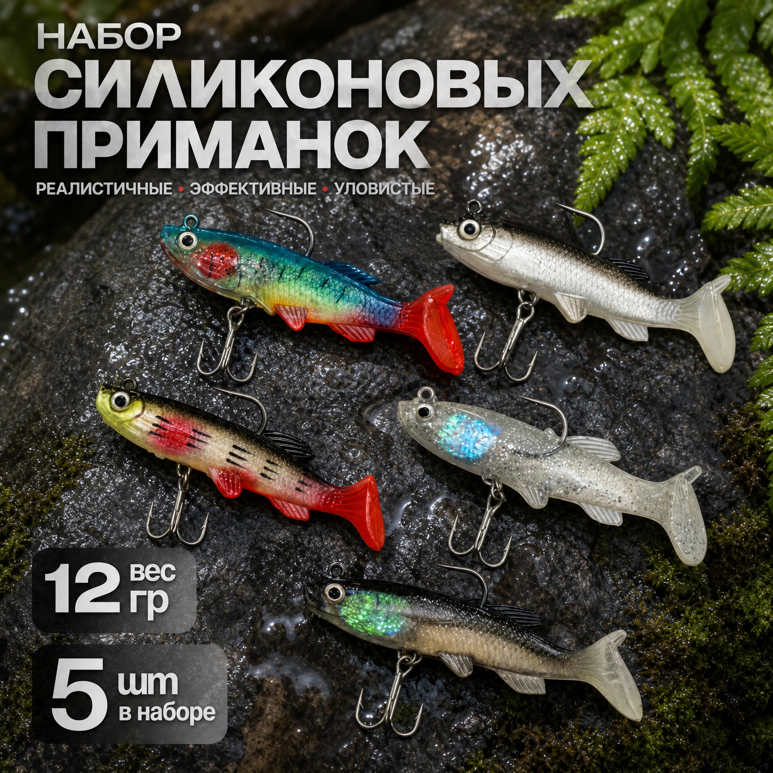 Силиконовые приманки / Набор для рыбалки / Виброхвост 5шт / Практичный хранящий кейс (Длина: 0.14 м; Вес каждой приманки: 12 г; Цвет товара: разноцветный)