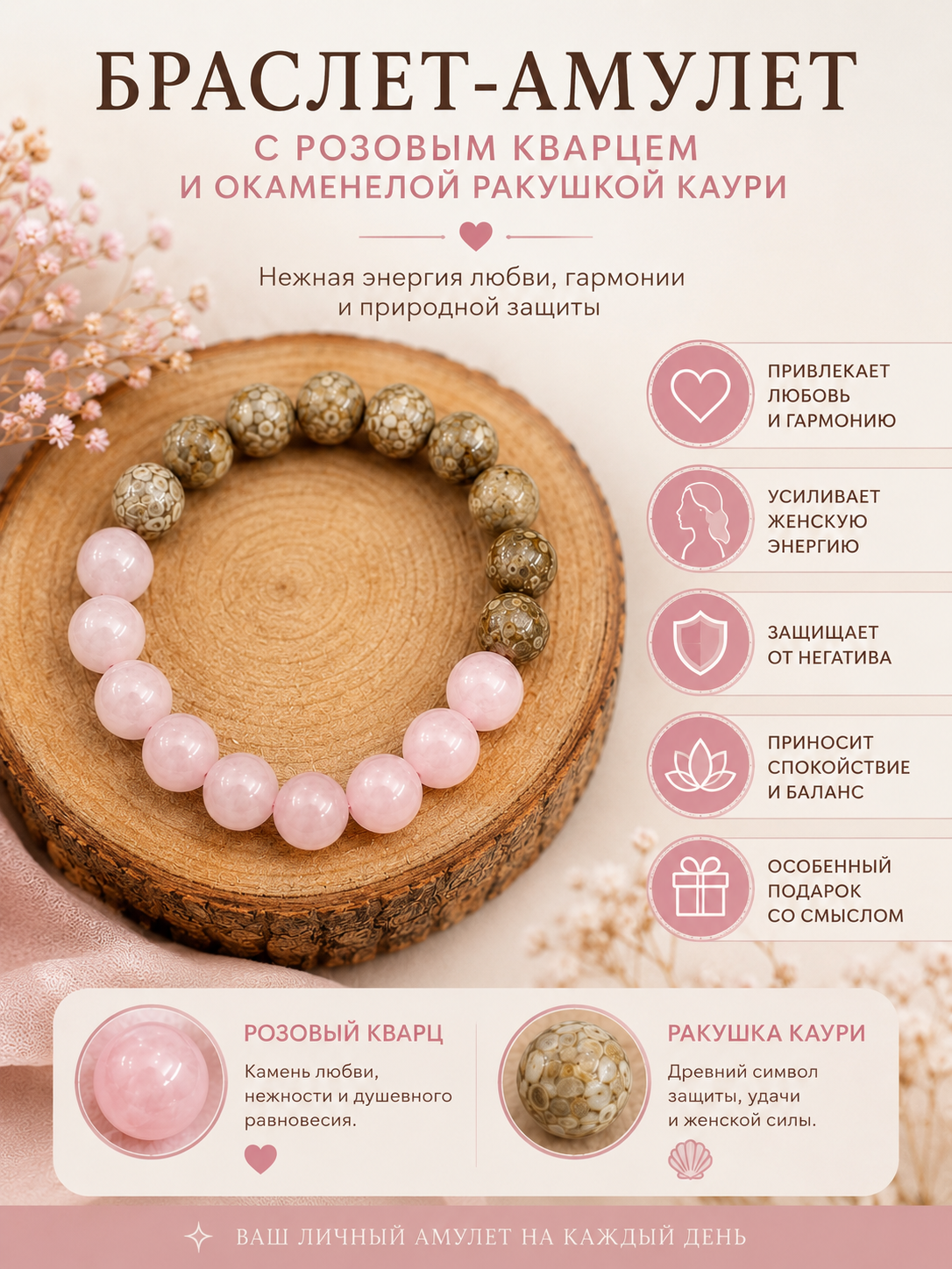 Браслет амулет с розовым кварцем и Каури