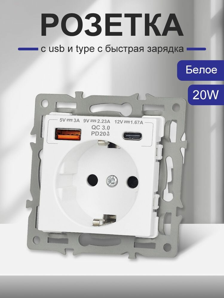 Розетка с быстрой зарядкой usb 220В с заземлением и защитой от короткого замыкания, со шторками, Белый