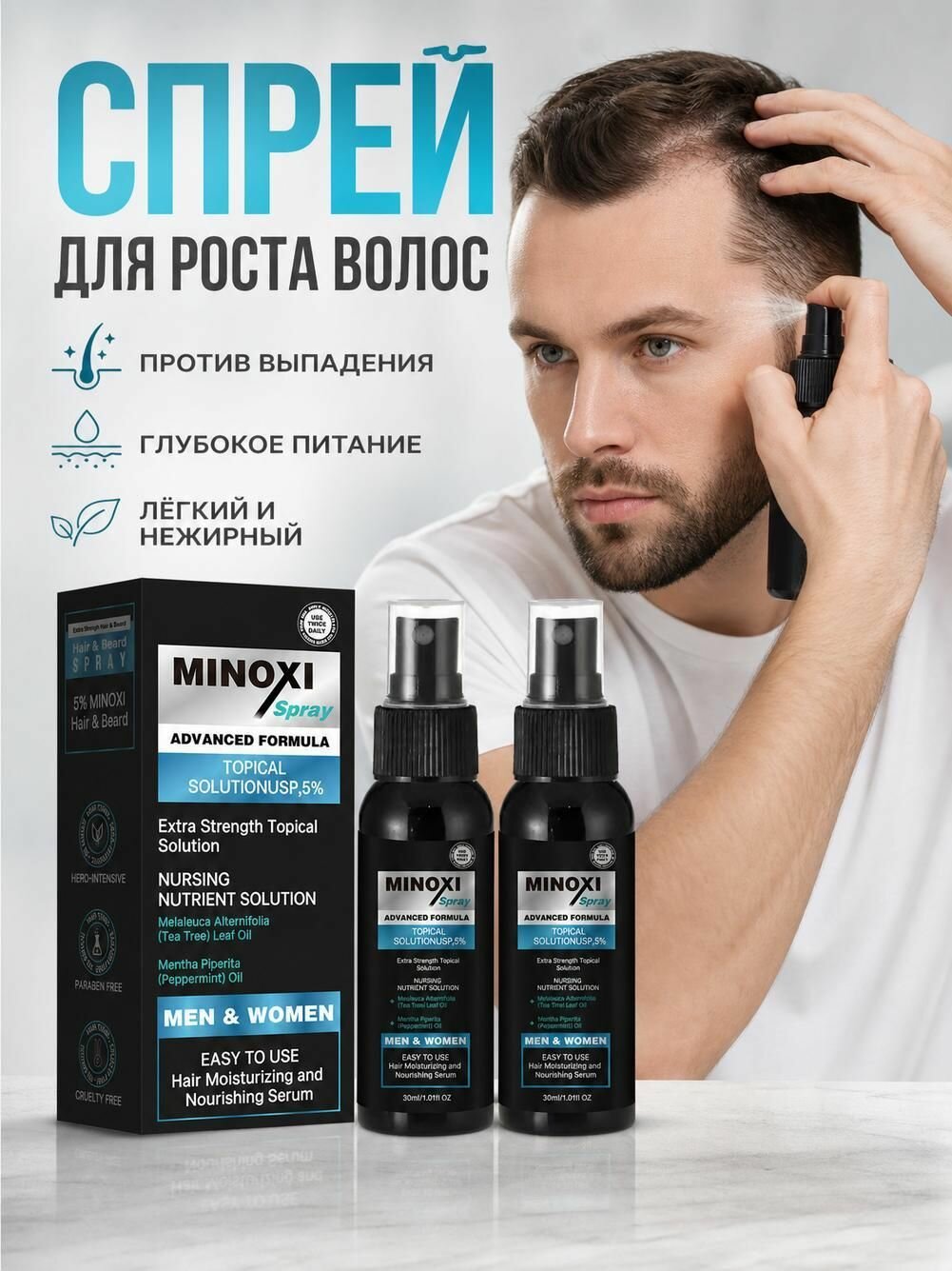 Minoxi 5% Средство для роста бороды волос и усов / Сыворотка против облысения у мужчин / Лосьон от выпадения волос