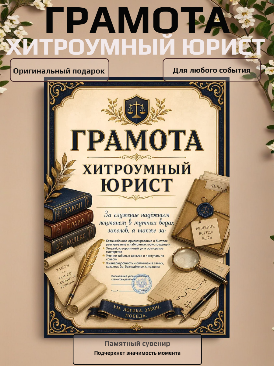 Грамота Филькина грамота "Хитроумный юрист", подарочная, картон, унисекс