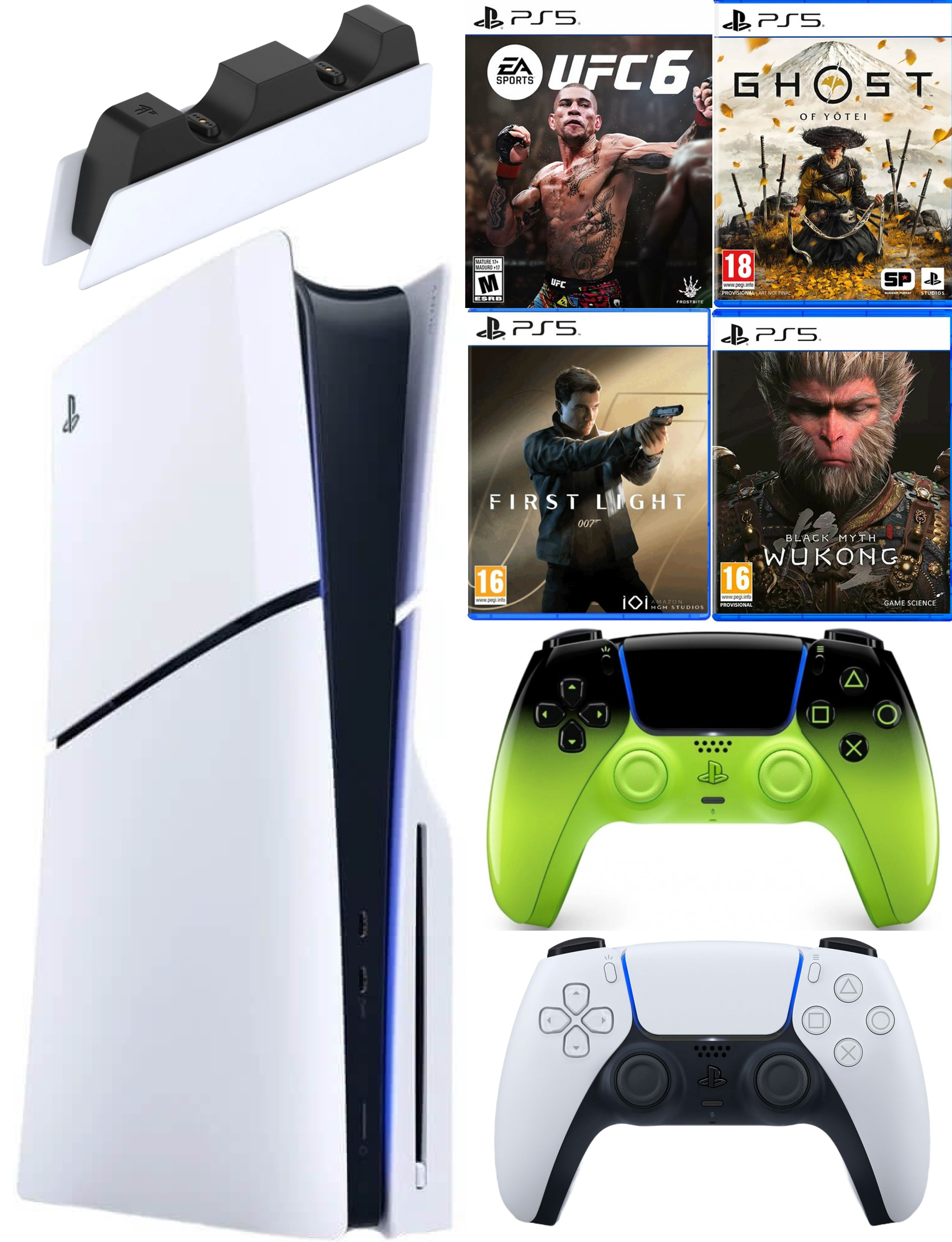 Игровая приставка Sony PS 5 Slim, 1ТБ(с дисководом)+2-ой геймпад(remix green)+Зарядная станция+Комплект из 4 игр