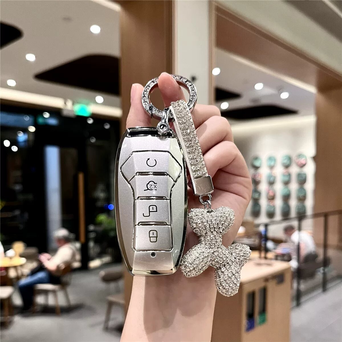 Ключевой брелок для BYD Dolphin с серебряным каменным кольцом и воздушным шариком - Серебристый