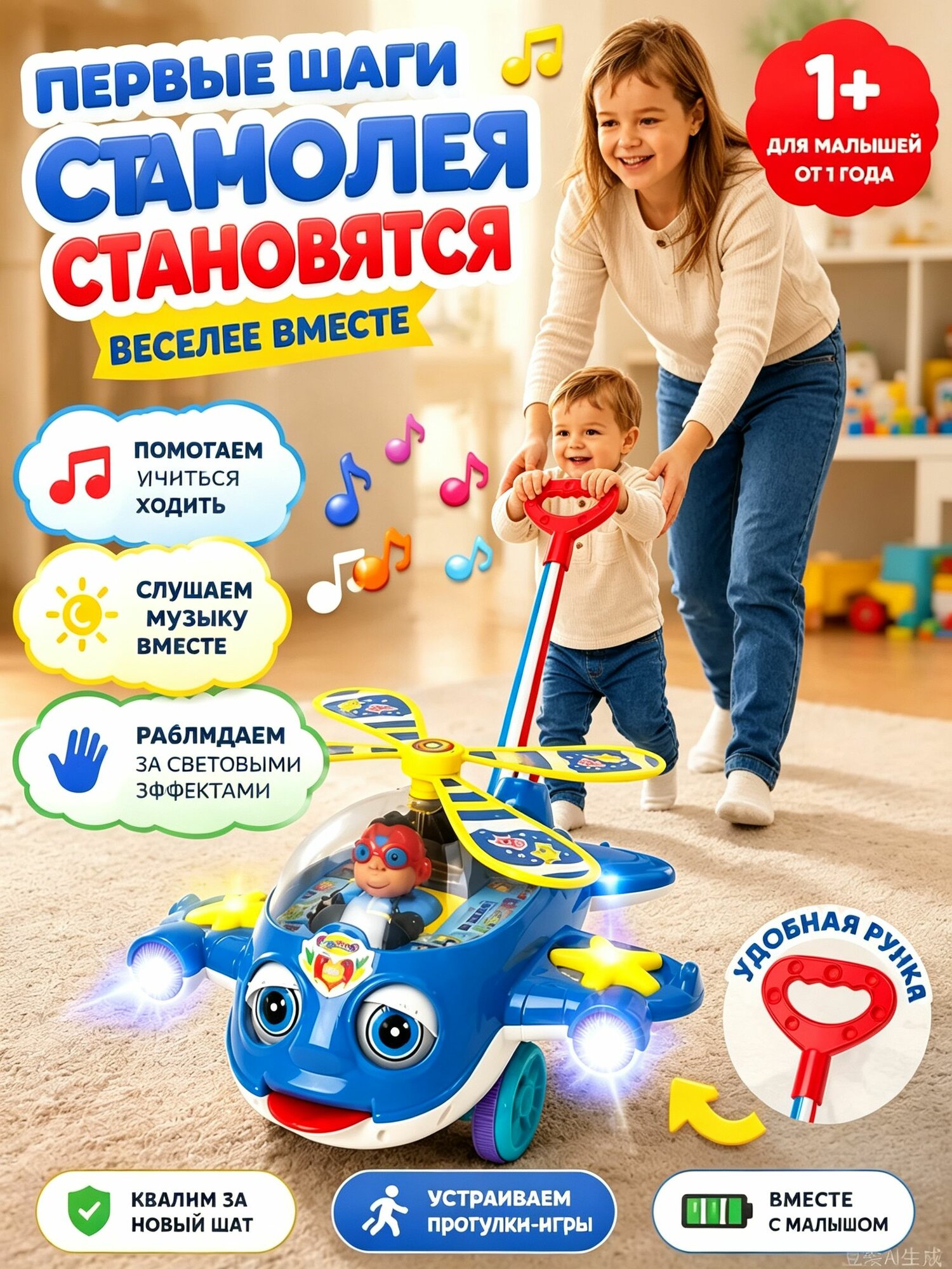 Игрушки для малышей 1 год, каталка Самолёт с ручкой, музыкальная развивающая игрушка для первых шагов