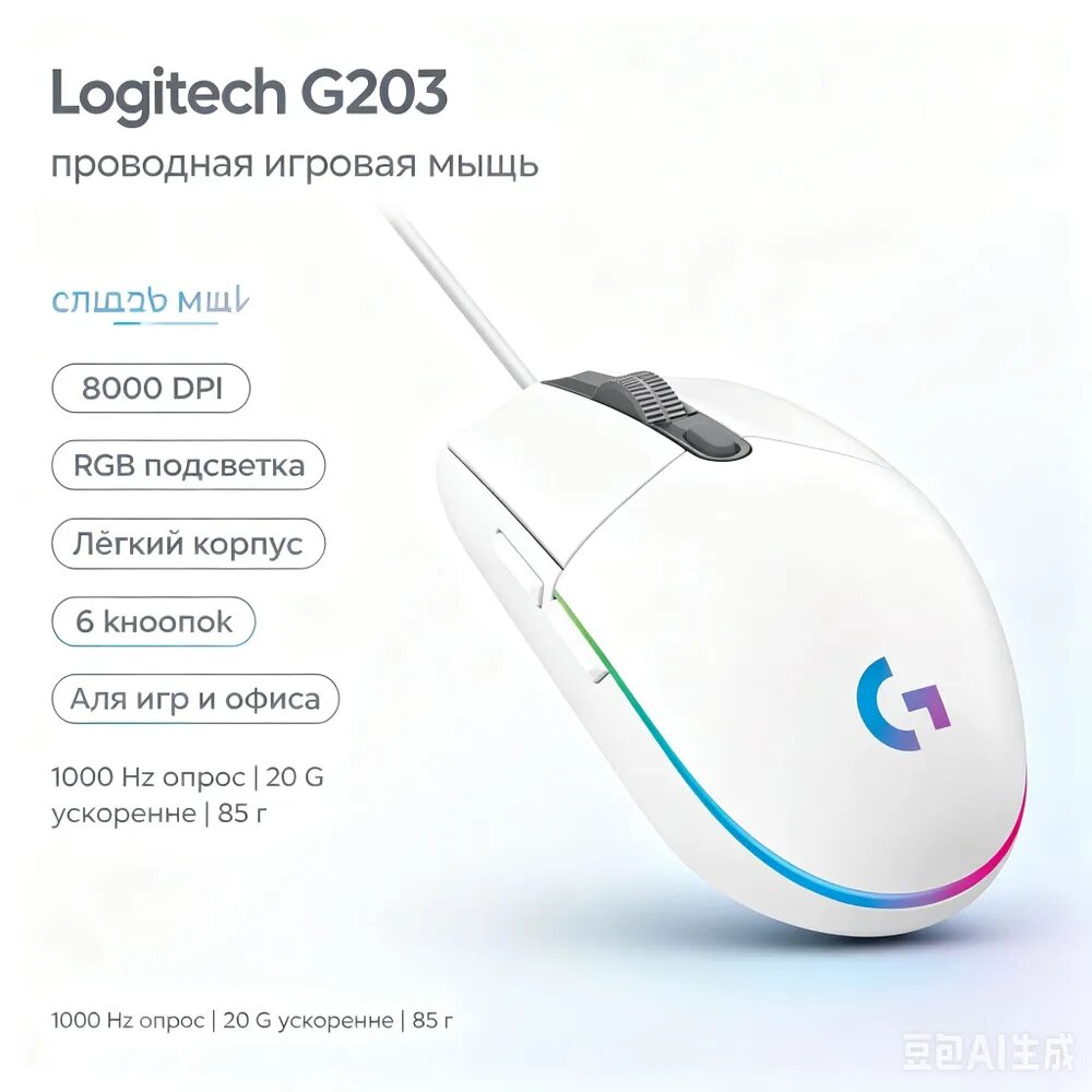 Игровая мышь проводная Logitech G203, белый
