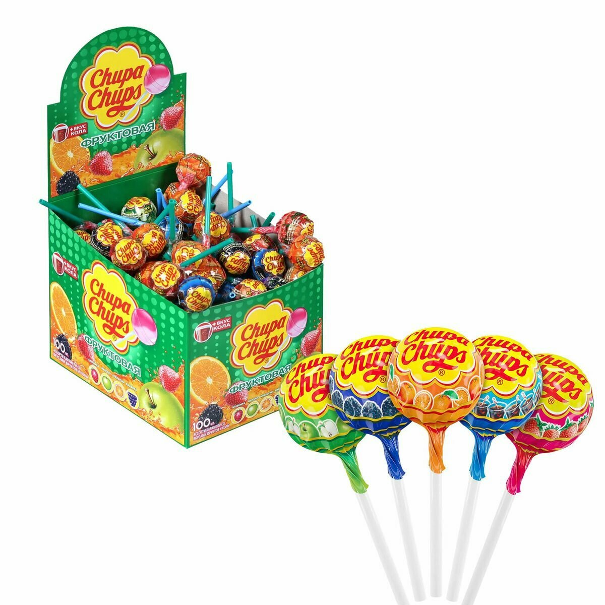 Карамель CHUPA CHUPS фруктовая с соком + кола, 12г (61888), 100 уп.