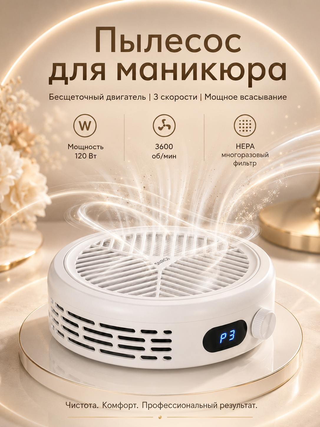 Пылесос для маникюра 120 Вт, бесщеточный, 3 скорости, 3600 об/мин, мощное всасывание