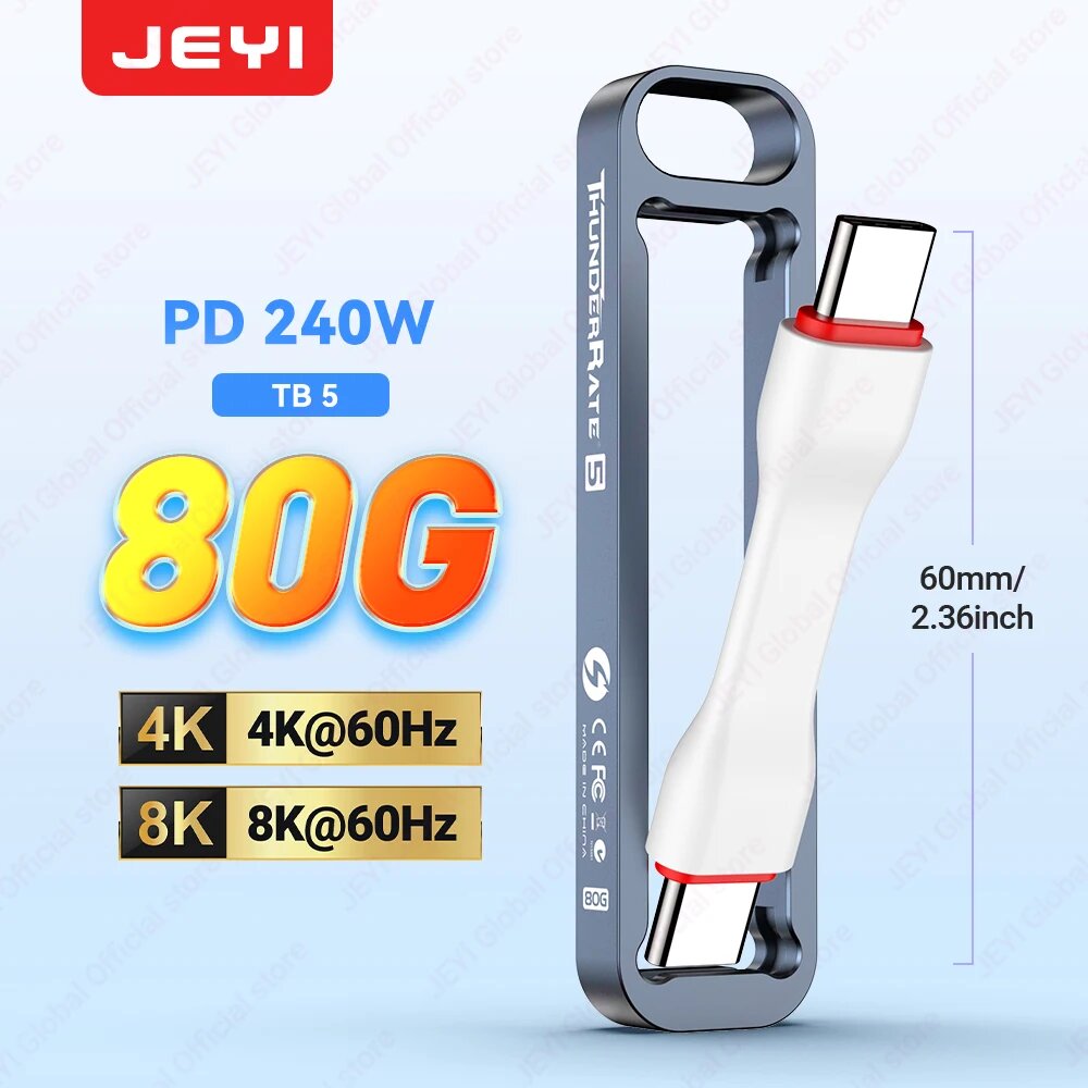 Кабель JEYI 80Gbps, короткий, с разъемом Type C, PD240W, для iPhone, Samsung, OnePlus, Sony, поддерживает быструю зарядку, совместим с Thunderbolt 5/4/3.