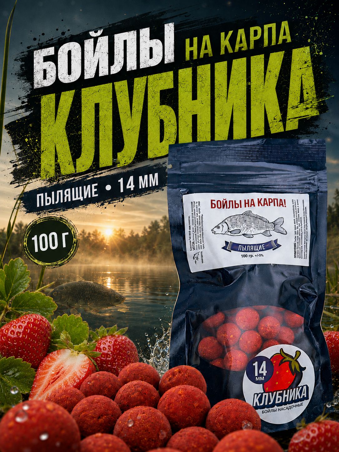 Рыболовные бойлы на карпа "Клубника" 14 мм, трофейная рыбалка, насадка и прикормка, 100 г