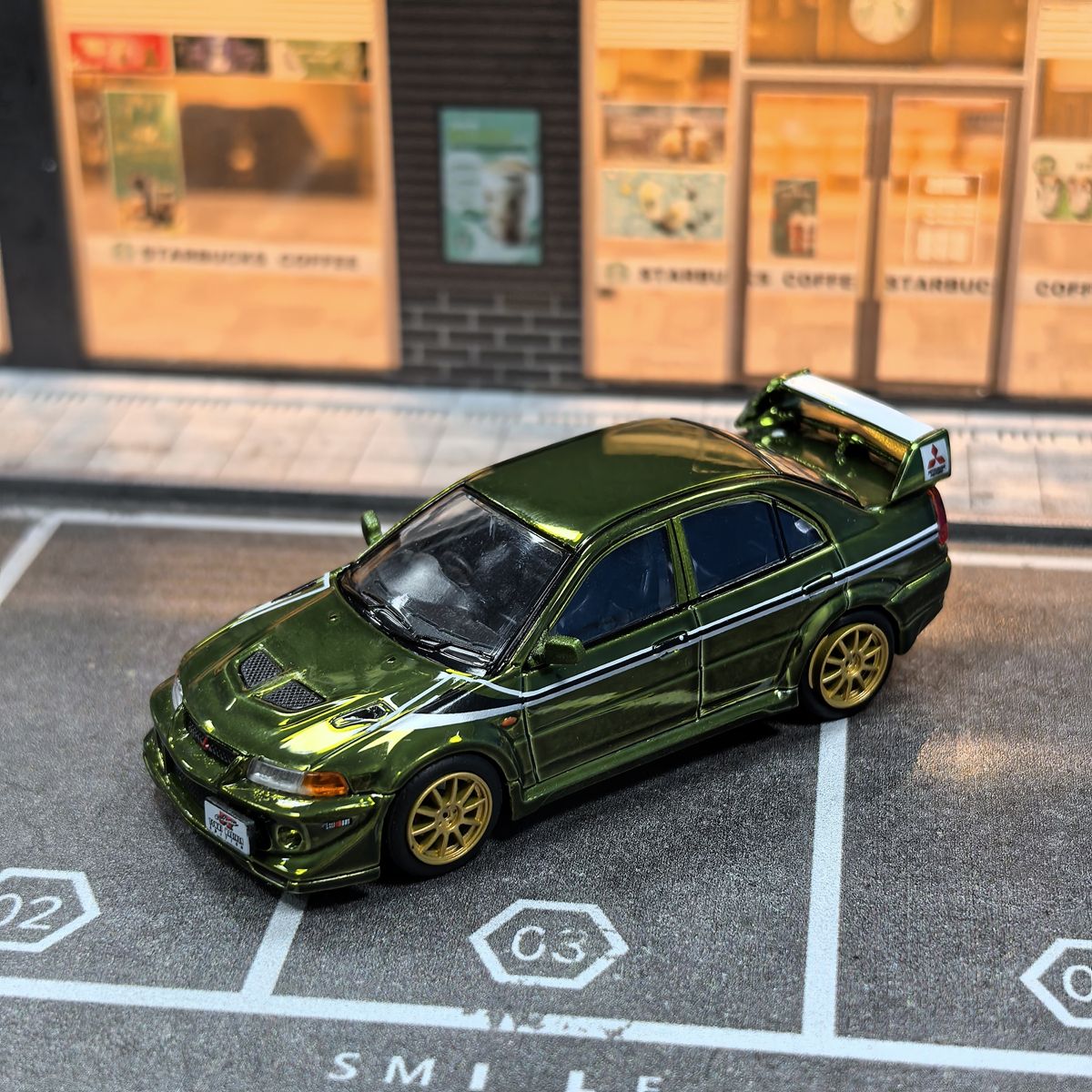 (No Packaging Box.) Коллекционная Машинка Pop Race 1:64 Mitsubishi Lancer Evolution VI TME Tommi Makinen Green Chrome HEC 26