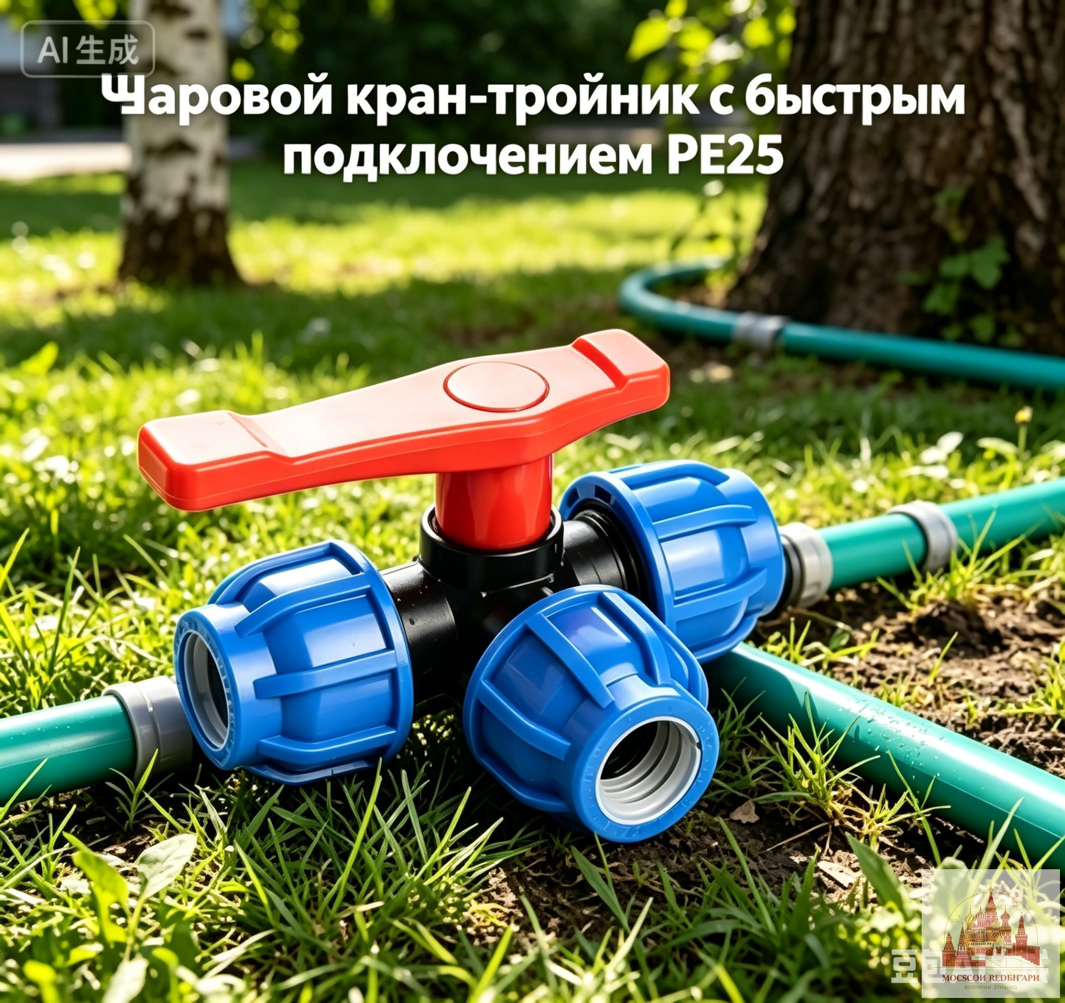 Трехходовой шаровой кран ПНД 25 мм для воды,1 штуки
