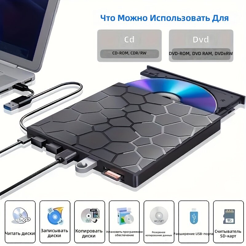 Внешний DVD-привод USB 3.0 Type-C для записи и чтения CD/DVD, тонкий портативный для ПК и ноутбуков, модель B0250