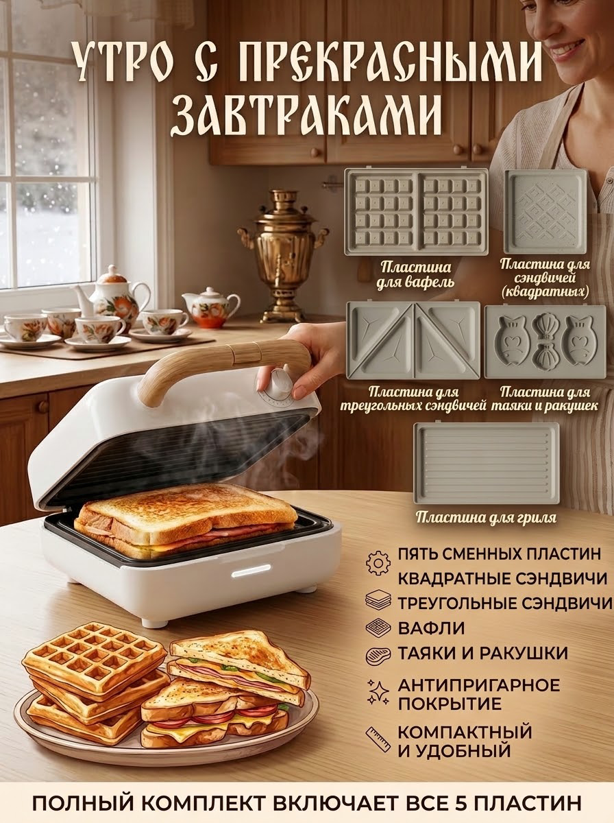 Аппарат для приготовления сэндвичей на завтрак, двойная, бежевая,5 противней