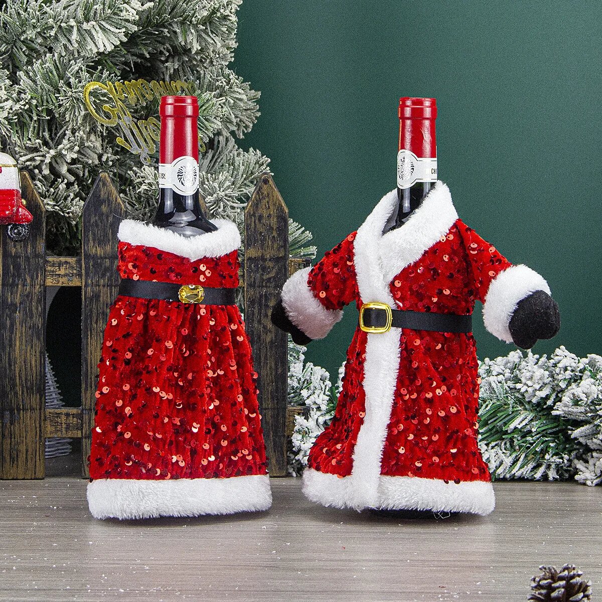Рождественский чехол для бутылки вина Красный, Wine red 2-piece set