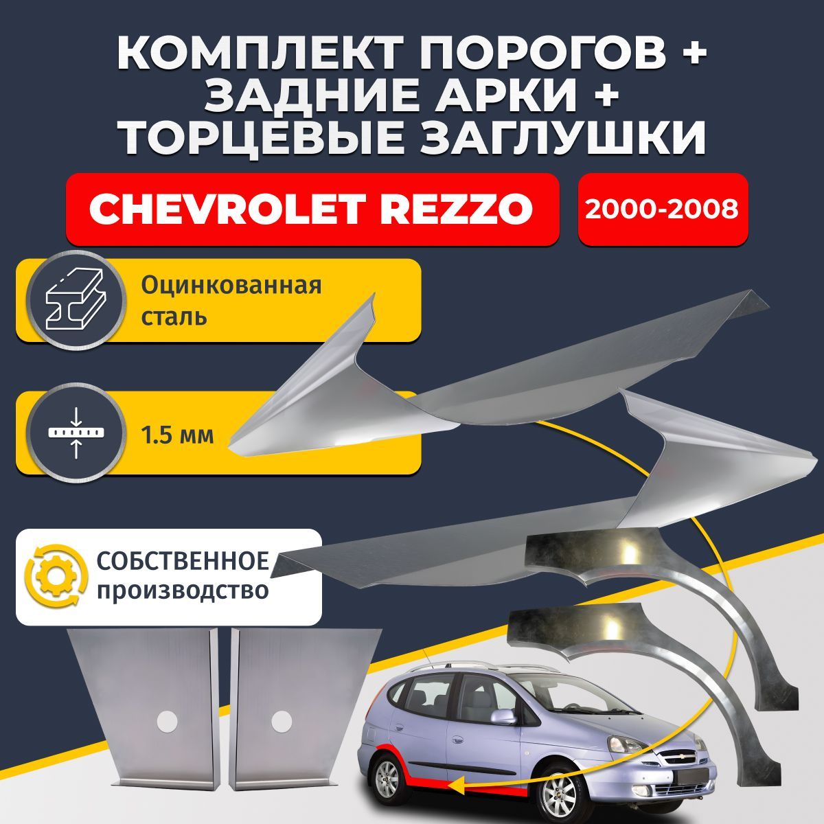 Комплект ремонтных задних арок (0,8 мм) и стандартных порогов (1,5 мм) + торцевые заглушки (1,5 мм) на Chevrolet Rezzo 2000-2008 (Шевроле Реццо 1 Резо). Оцинкованная сталь