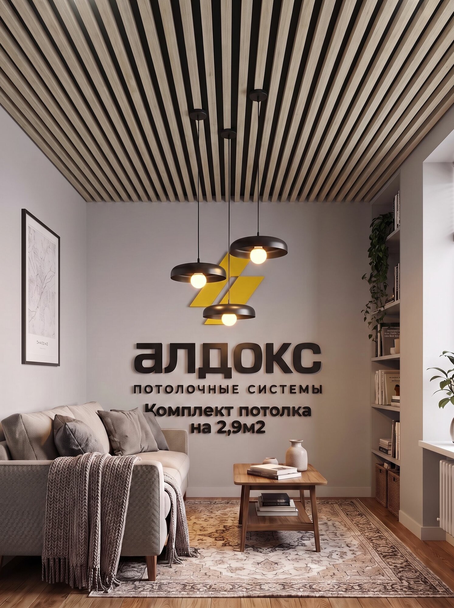 Реечный подвесной потолок кубота 1,7х1,7 м, Дуб неаполь дымчатый, алдокс