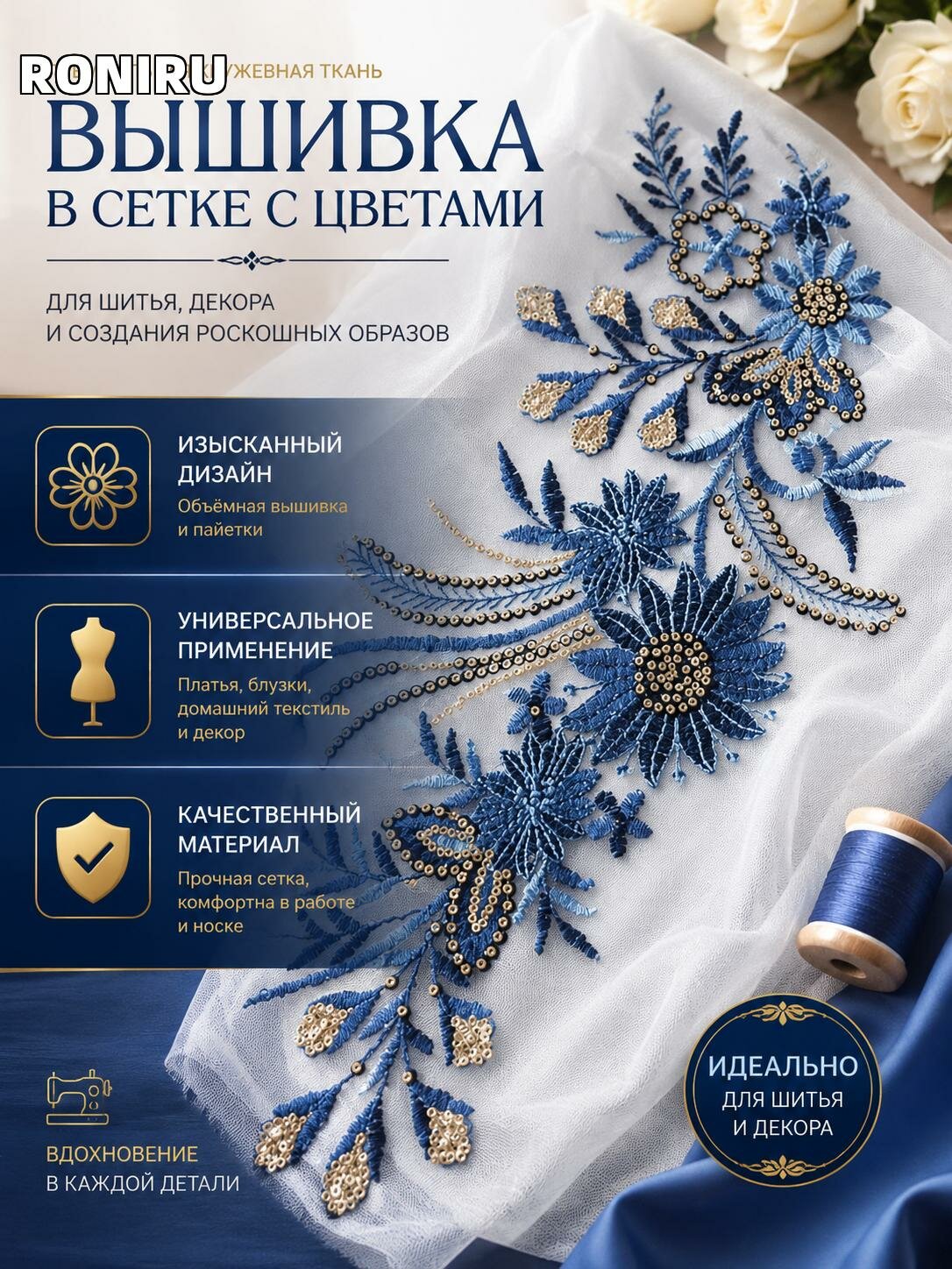 Вышивка в сетке с цветами — кружевная ткань для шитья и декора, материал для платья, блузки и домашнего текстиля
