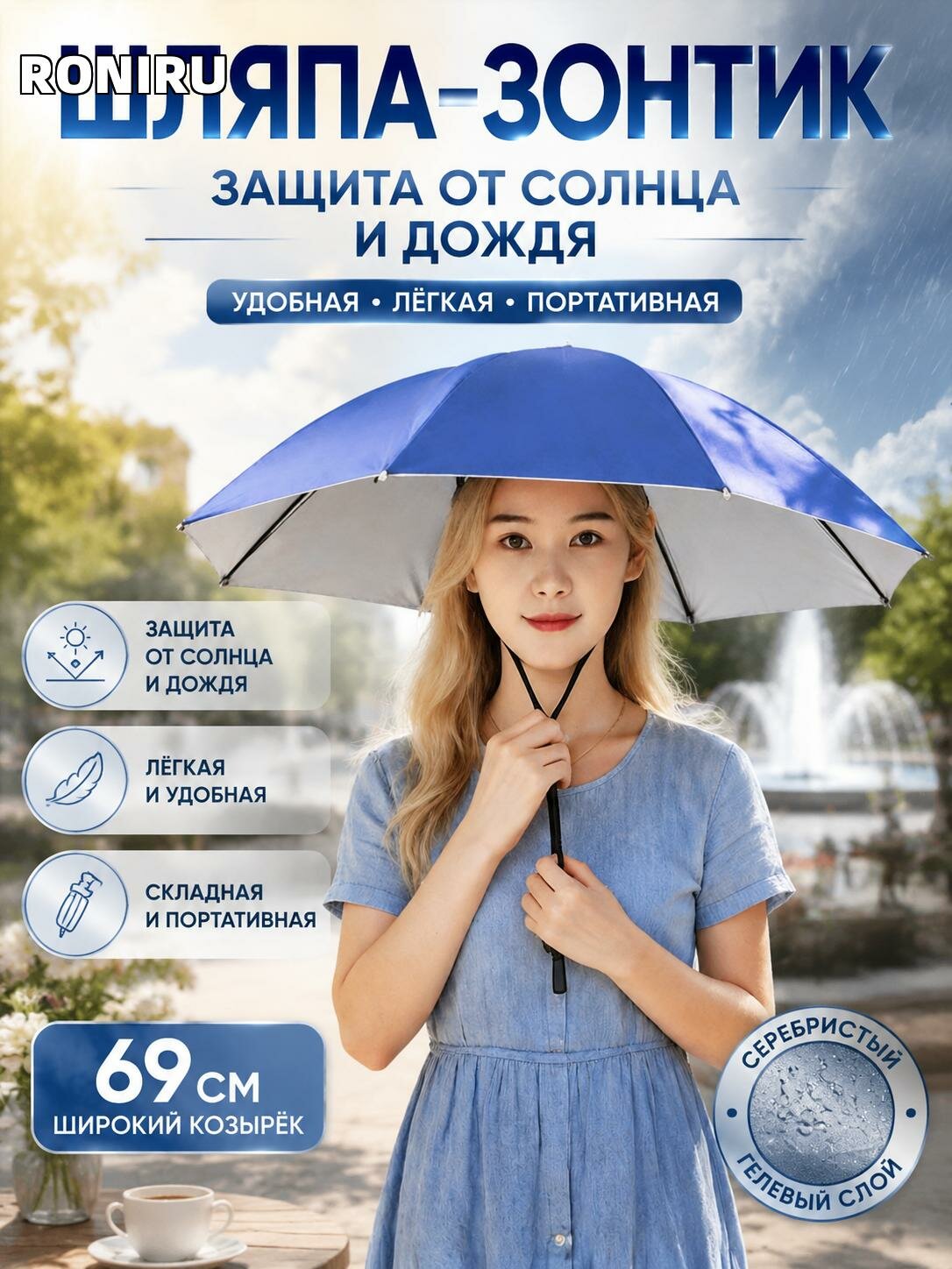 Шляпа-зонтик для взрослых, защита от солнца и дождя с козырьком 69 см, складной портативный головной убор из серебристого геля