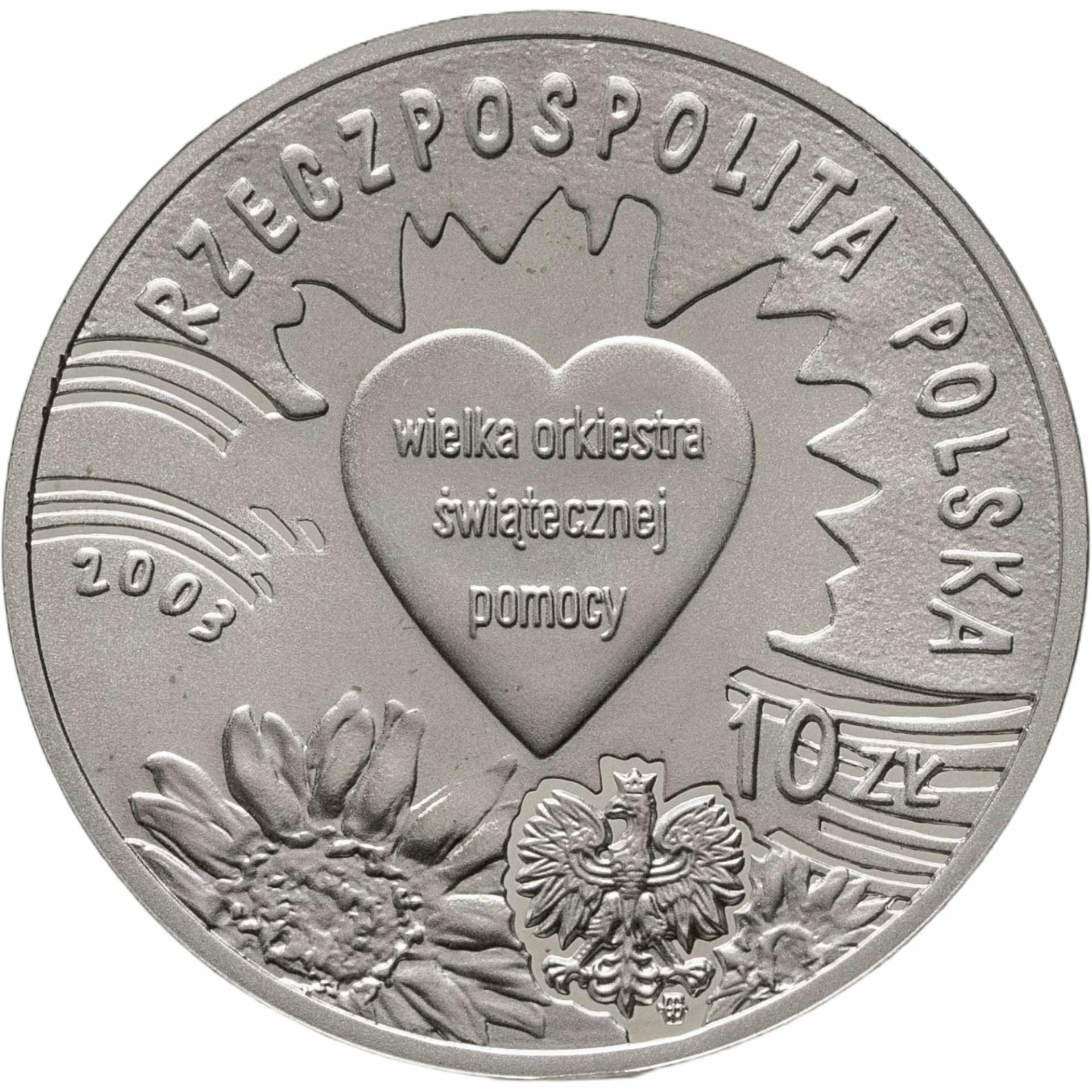 Польша 10 злотых zlotych 2003 10 лет Великому Оркестру Рождественской Помощи, Серебро 925, в сохранности Proof