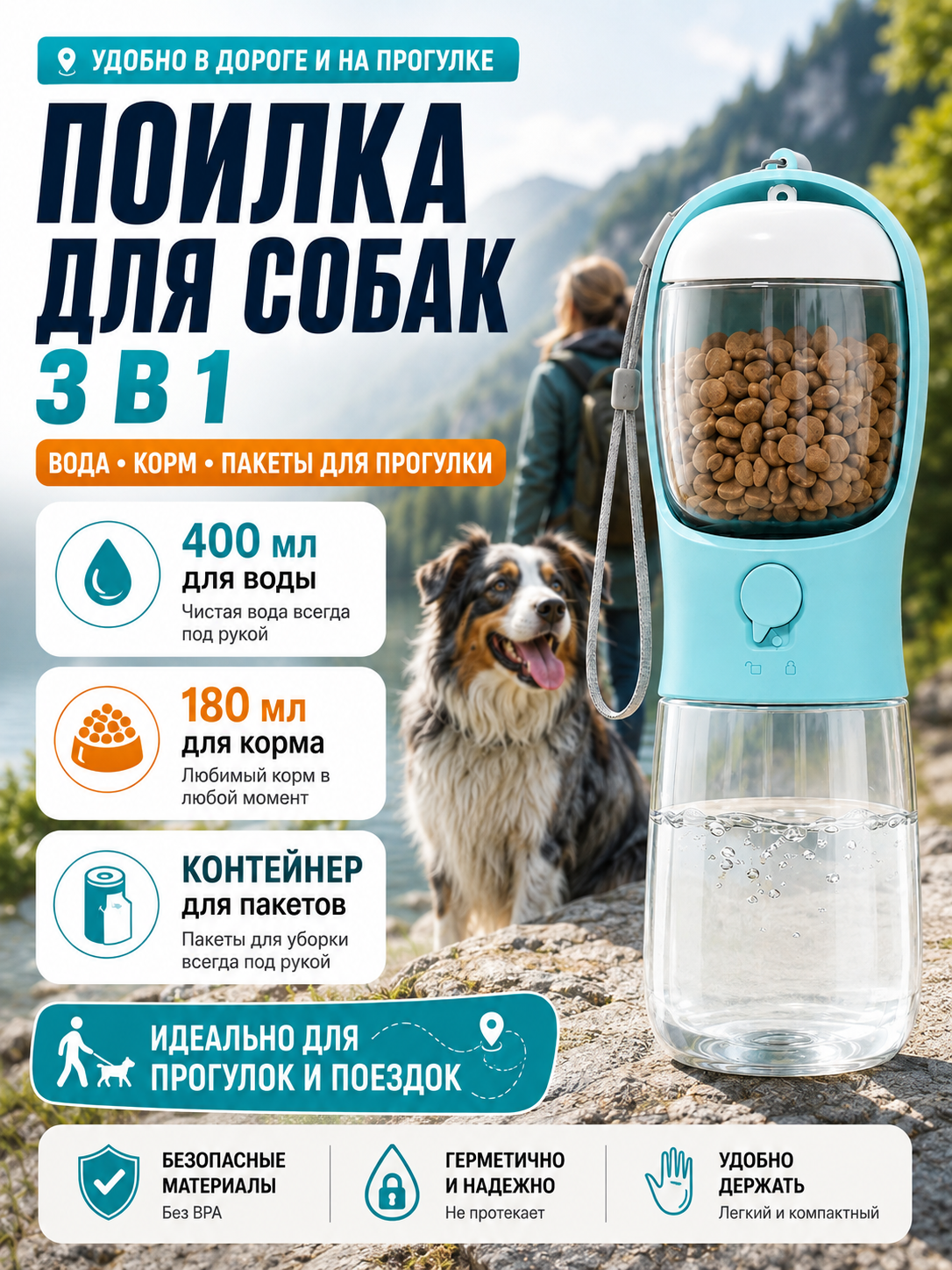 Поилка прогулочная для собак, портативная дорожная бутылка 400 мл, с диспенсером для пакетов 3 в 1