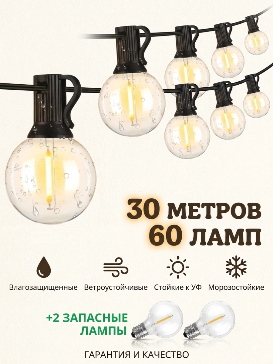 Электрогирлянда уличная Ретро лампочки нить 30 м. для дома, террасы