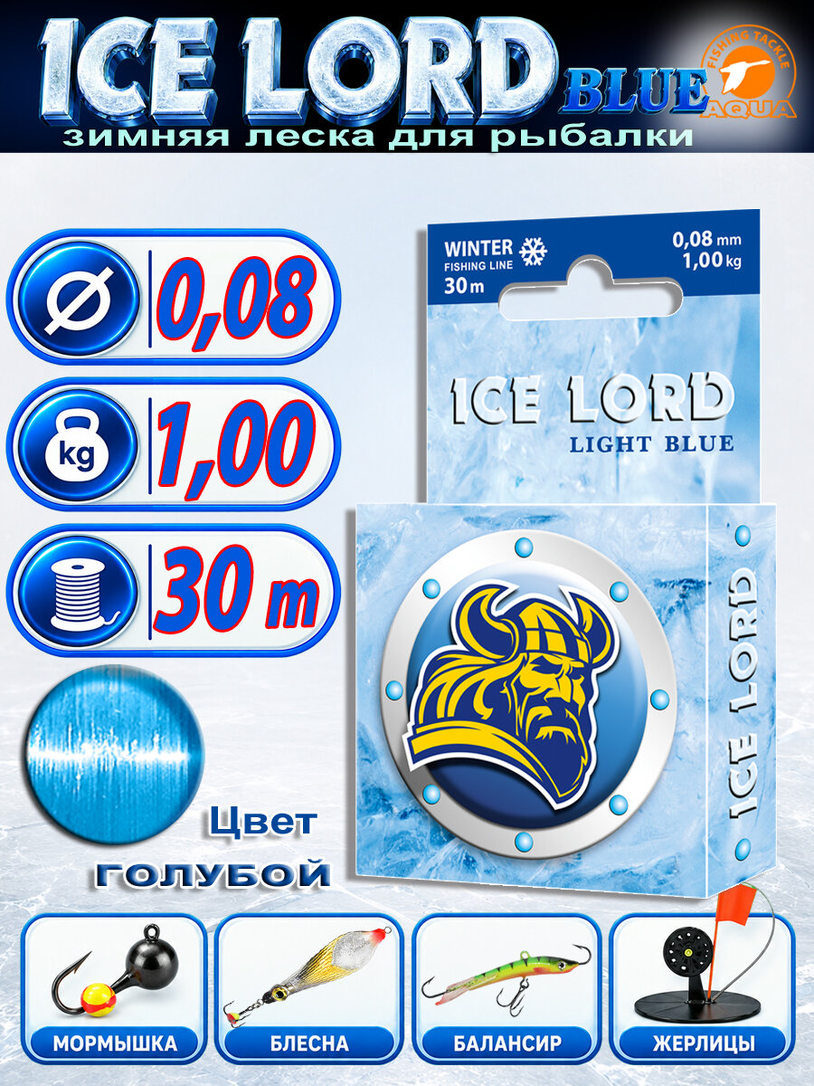 Леска для рыбалки зимняя AQUA Ice Lord Light Blue 0.08mm 30m цвет - светло-голубой 1kg