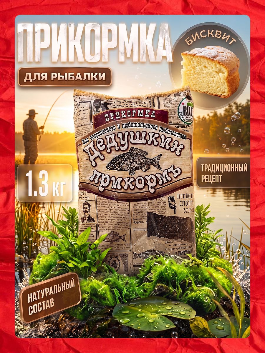 Прикормка для рыбалки Фидер бисквит (Смесь Дедушкин прикорм, 1,3кг) биотехнология для карася, леща, крупная плотва