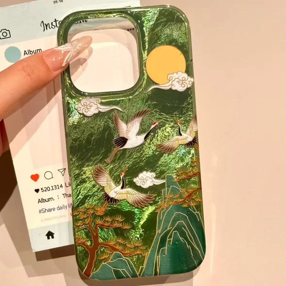 Чехол Auspicious INS Green Mountain в китайском стиле с журавлями для iPhone 17, 16, For iPhone 17