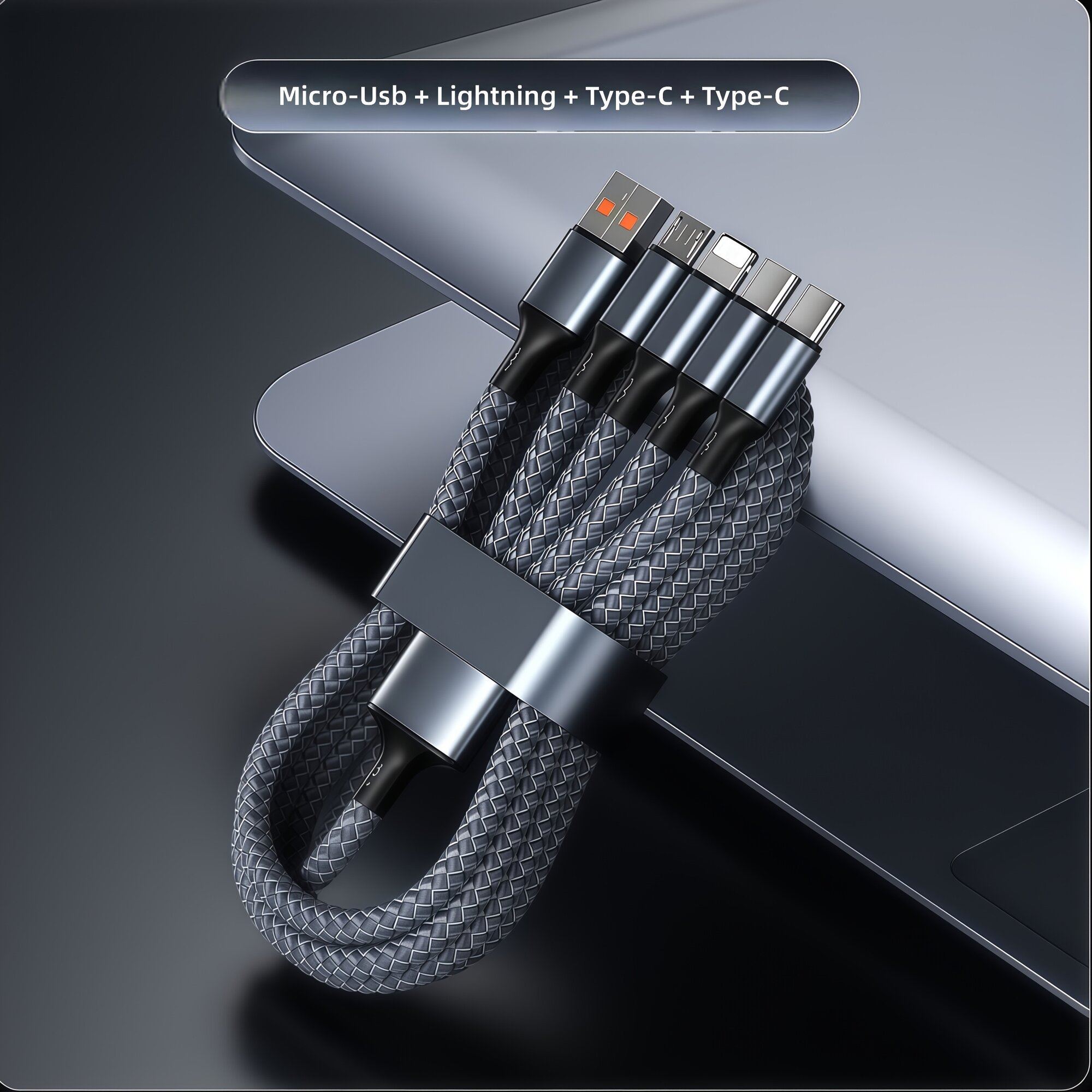 Плетеный кабель для быстрой зарядки 4-в-1 с разъемами USB-C, Lightning и Micro USB, длина 2 м, портативный, для одновременной зарядки нескольких устройств