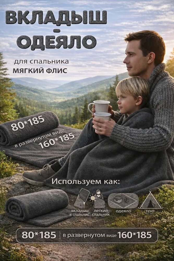 Вкладыш-одеяло в спальный мешок туристический/Вкладыш-одеяло в спальный мешок на молнии, флисовый плед 80х185 см для кемпинга, флис, серый