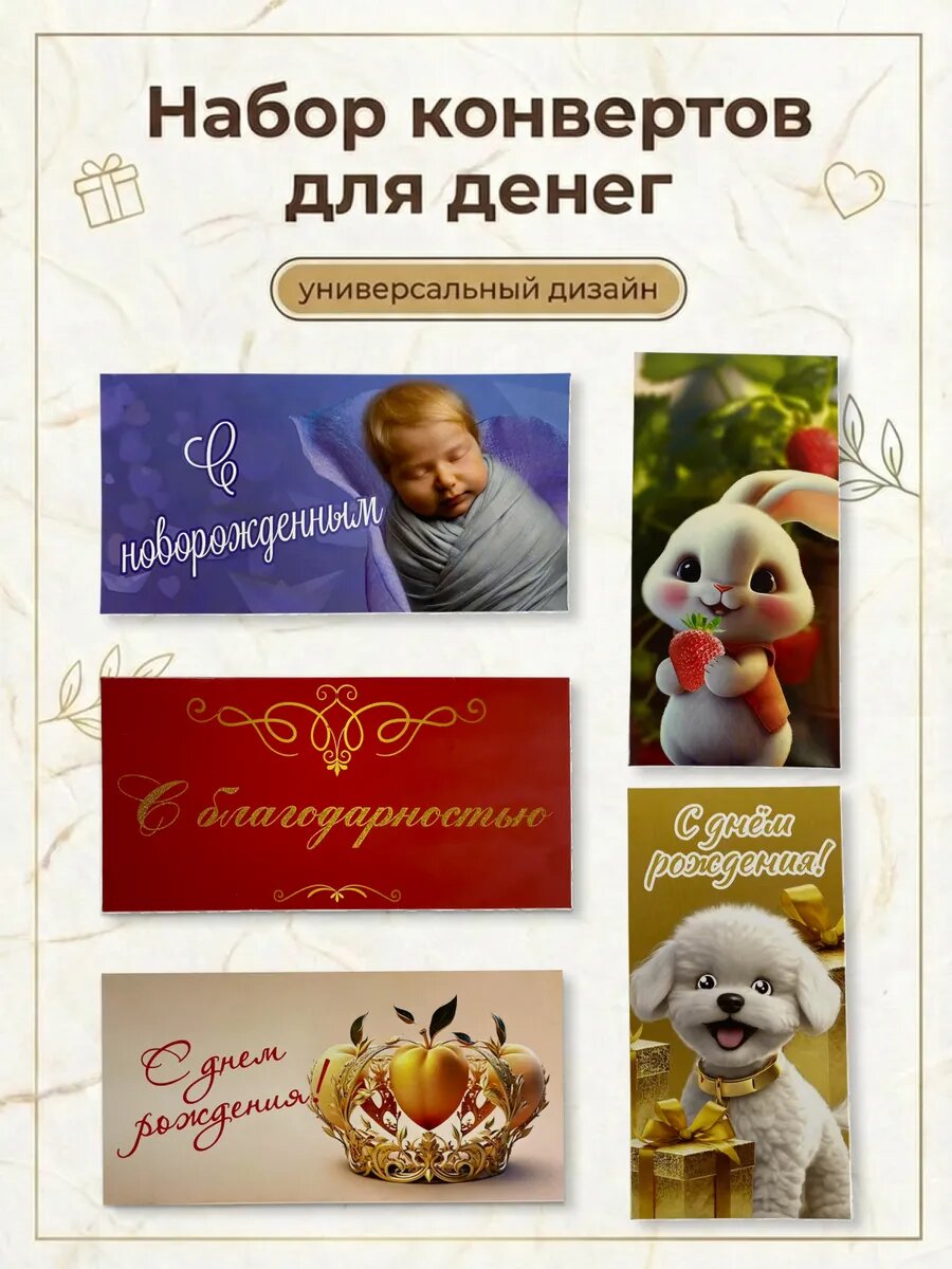 Набор подарочных конвертов для денег 5 шт